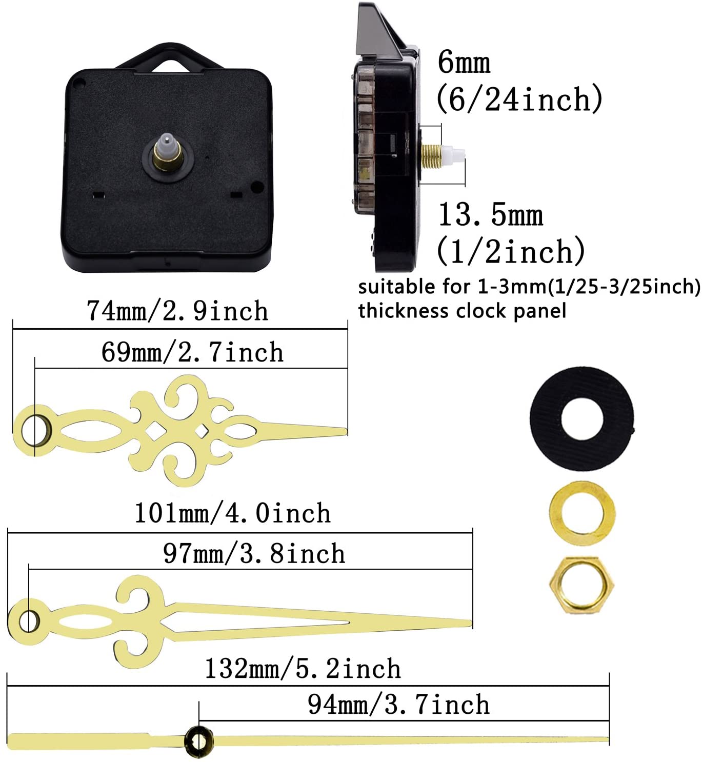 Quartz Wall Clock Movement Mechanism Golden Hands 3/25 Inch Maximum ...