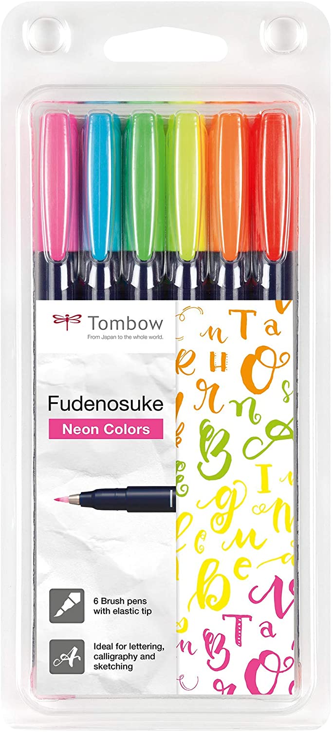 Tombow Fudenosuke Hard Tip Brush Pens (Set of 6) – Neon Colours – BigaMart