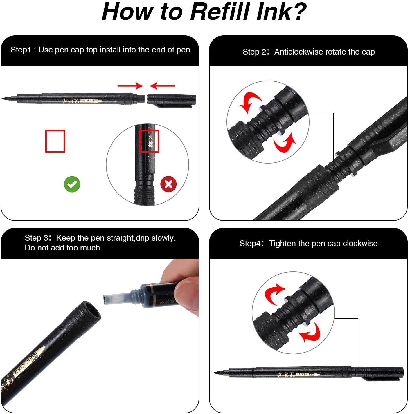 6 Pieces Refill Calligraphy Pens, Black Brush Marker Pens, Calligraphy ...