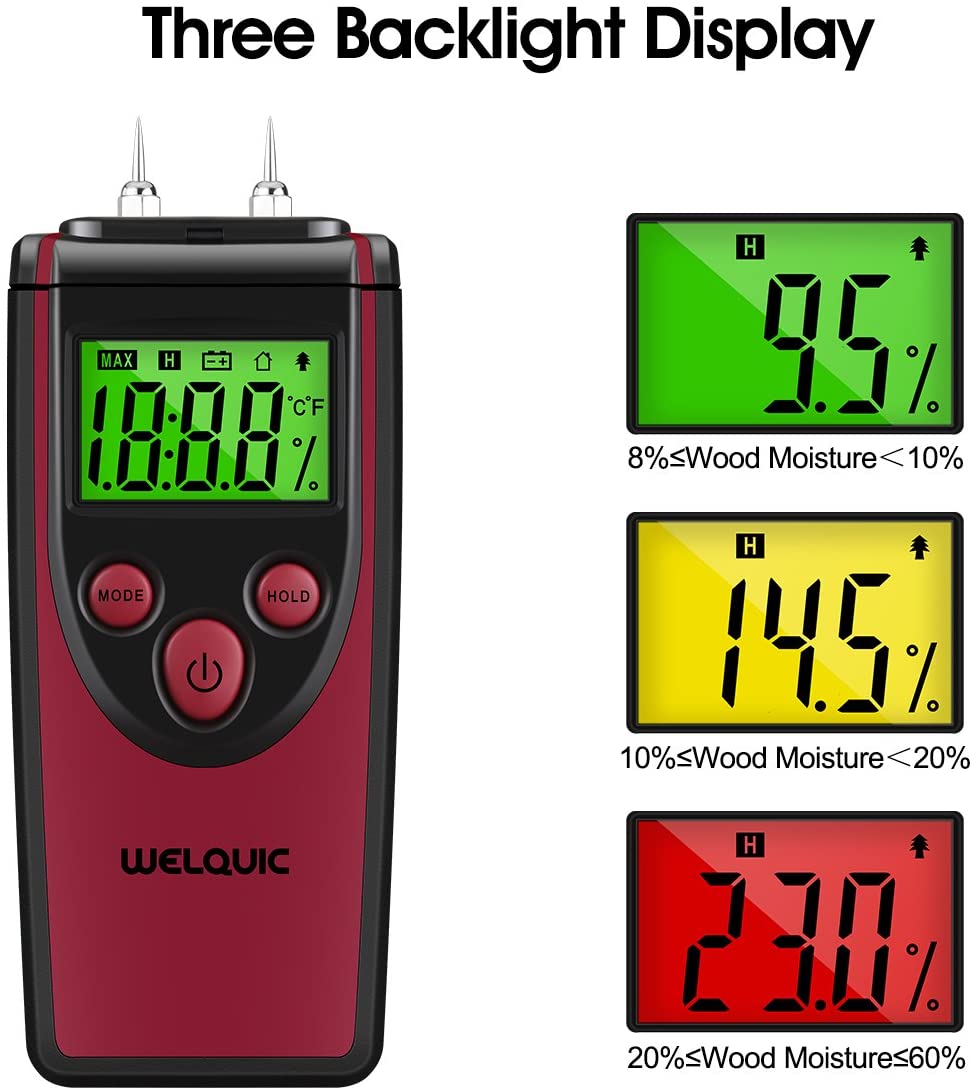 Wood Moisture Meter, WELQUIC 3-in-1 Digital Temperature Detector Wood ...