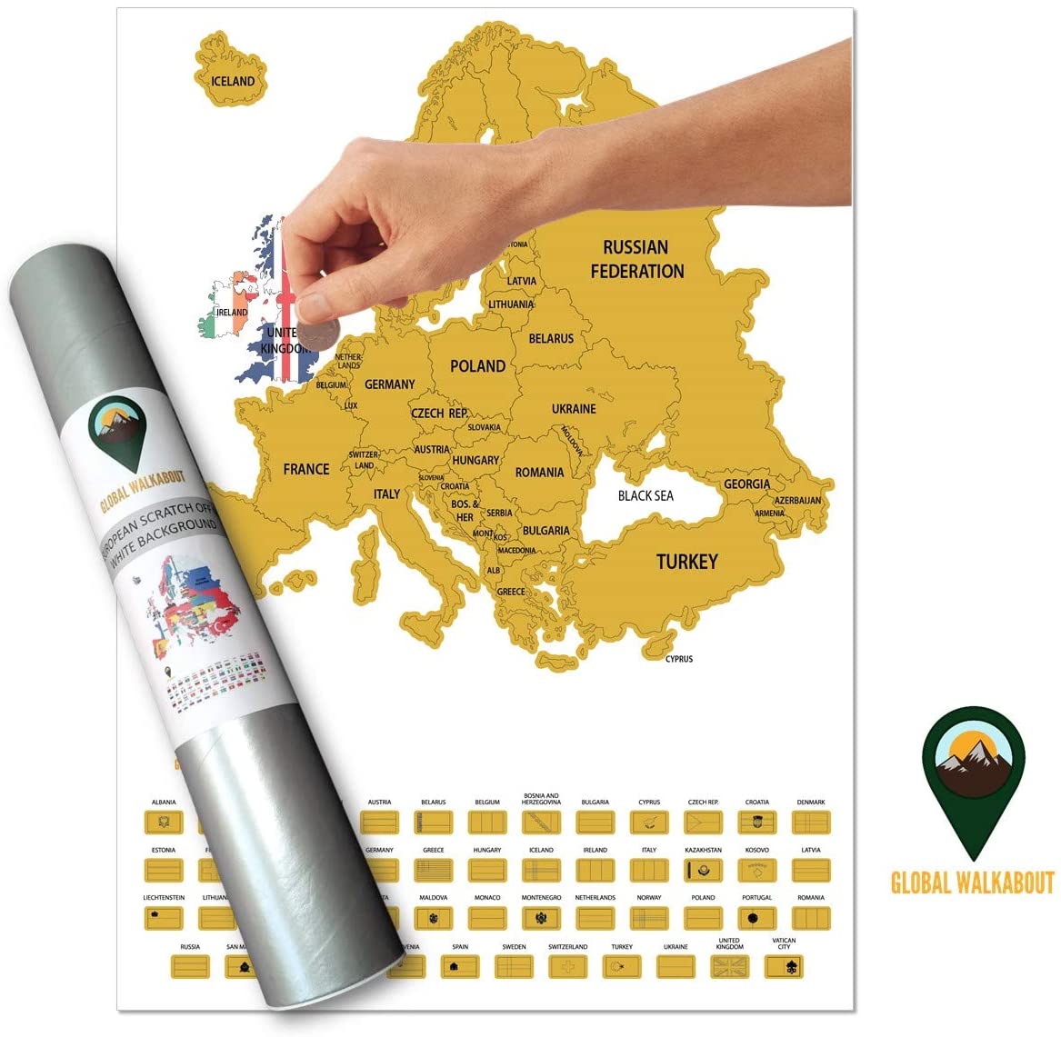 Global Walkabout Scratch Off Europe Map with Flags background – Deluxe ...