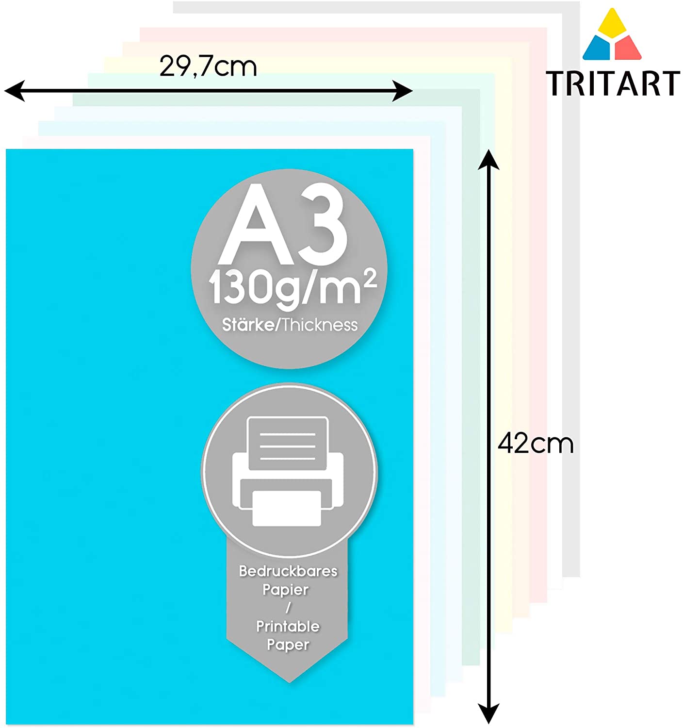 TRITART Coloured Paper A3 130 GSM – 60 Sheets Colour Paper Fully Dyed ...