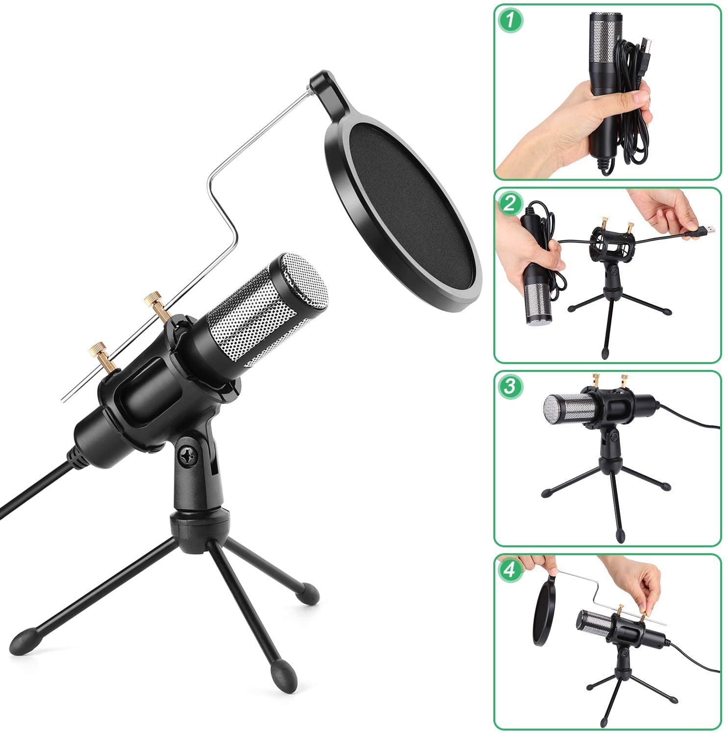USB Microphone, AGPtEK USB Microphone Set with Tripod Stand, Pop Filter ...
