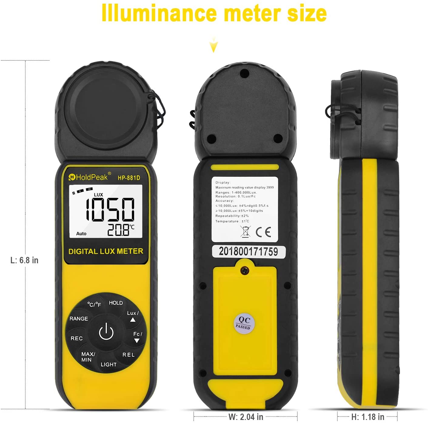 HoldPeak 881D Handheld Digital Light Meter,Range Up to 0.01-400,000 Lux ...