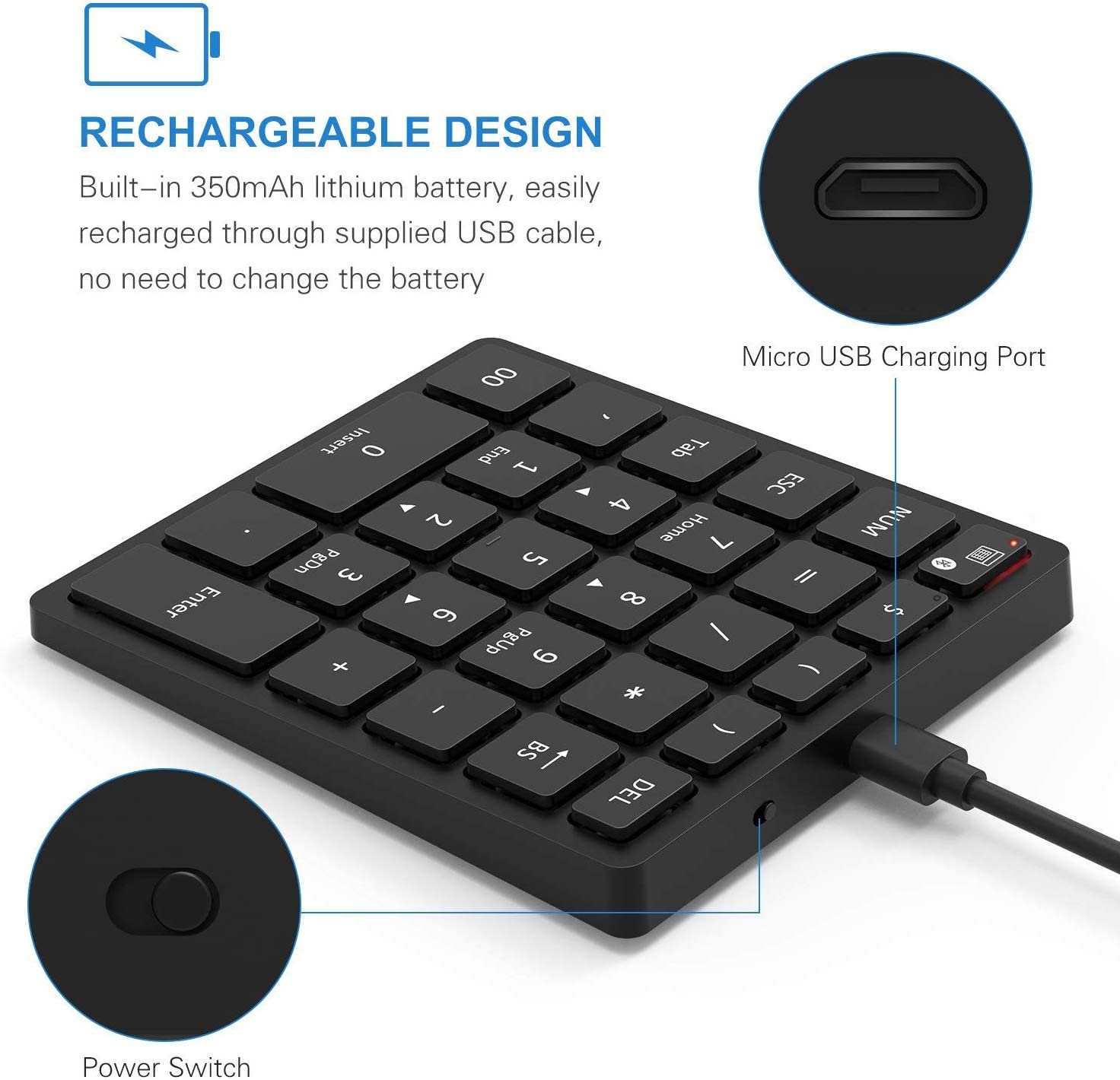 Rechargeable Bluetooth Numeric Keypad, Jelly Comb 28-Key Portable ...