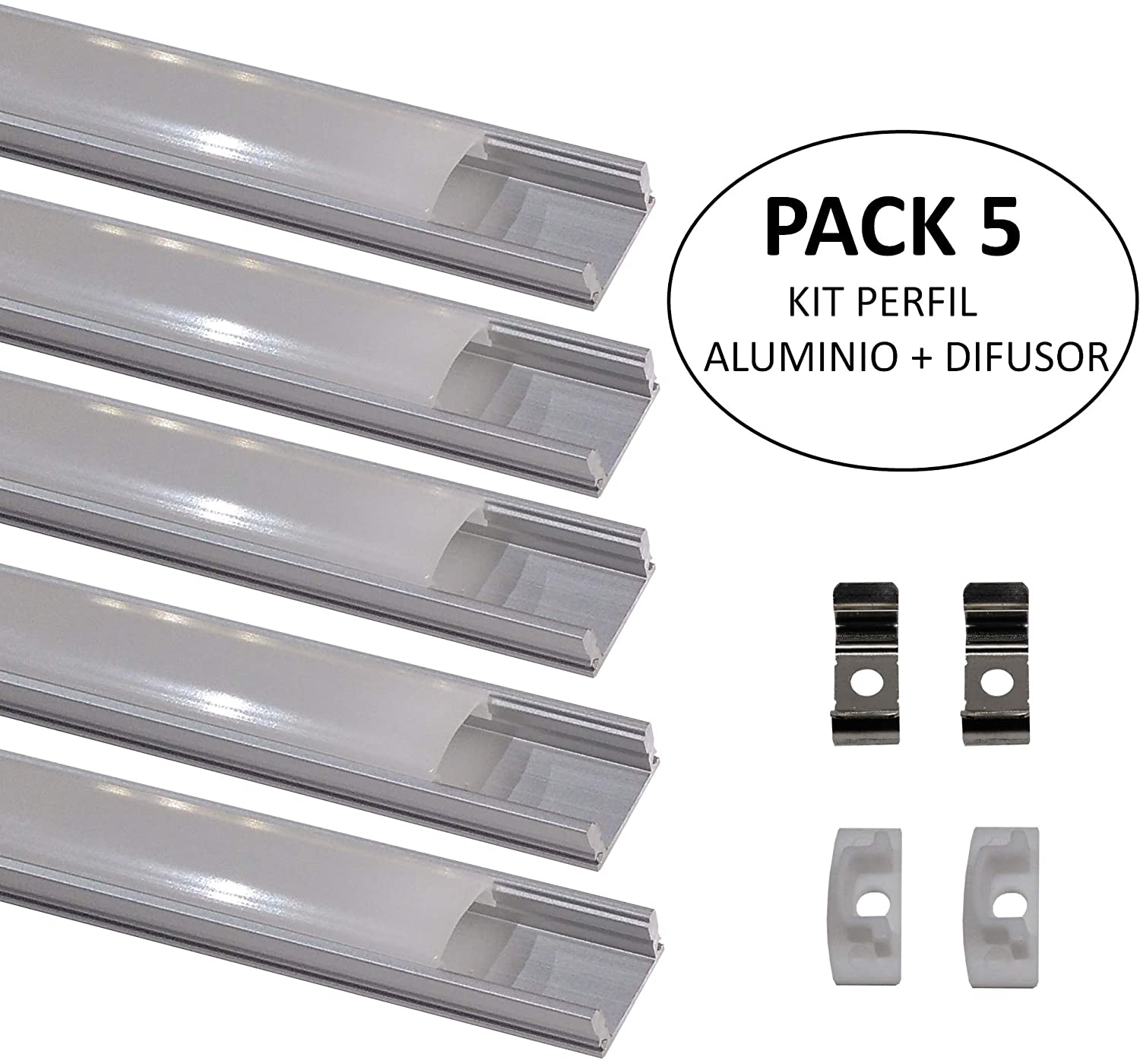 Pack 5X 1m Aluminum Profile for Strip LED Strip, with Milky White Cover ...