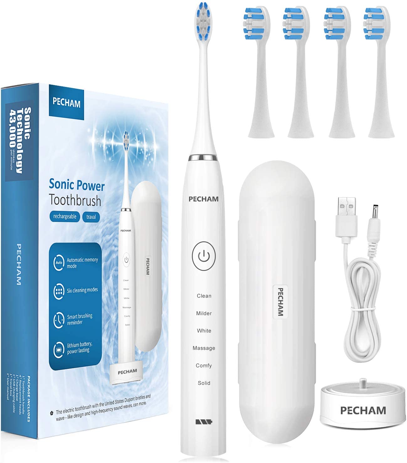 PECHAM Electric Toothbrush Powerful Sonic Cleaning, 6 LED Indicator Modes, with 4 Dupont Brush ...