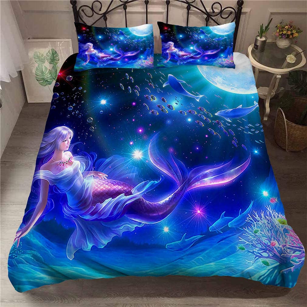 URLINENS Mermaid Duvet Cover Set Girls Teens Double 3 Piece, Decorative ...