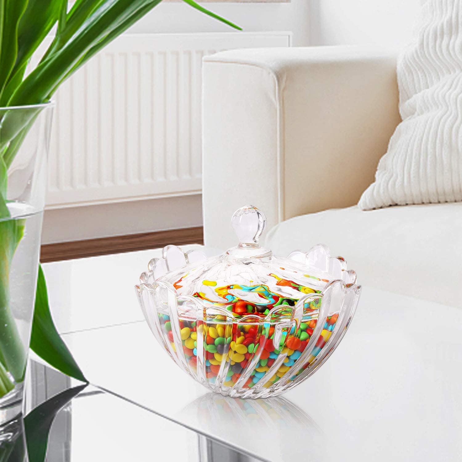 ComSaf Glass Candy Sweet Jar with Lid, Crystal Bon Bon Jar Covered ...