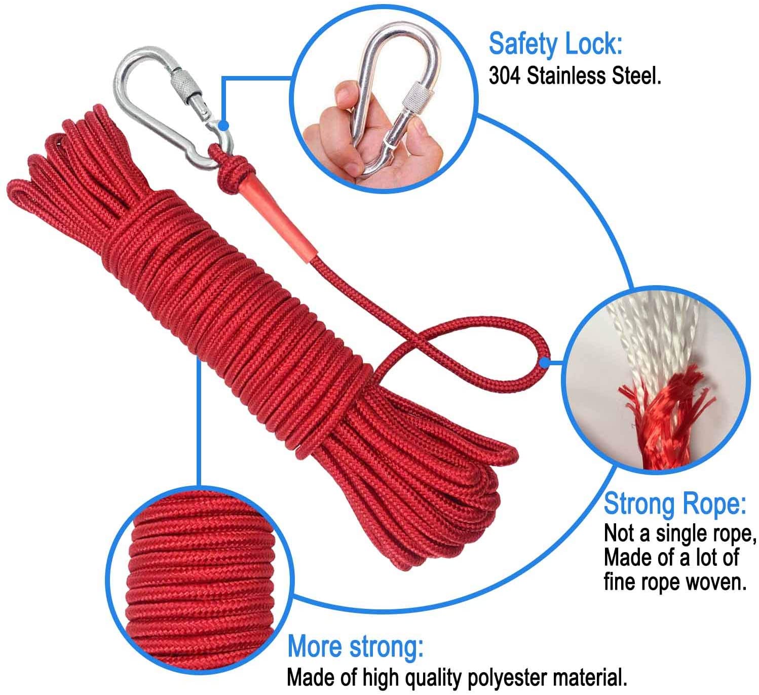 Fishing Magnet Rope with Carabiner, Outdoor Rope Braided Rope 20m(65 ...