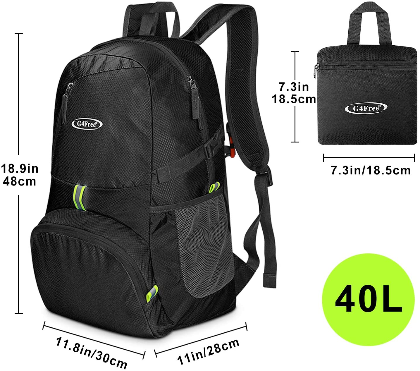 G4Free Lightweight Foldable Backpack 40L Water Resistant Hiking ...