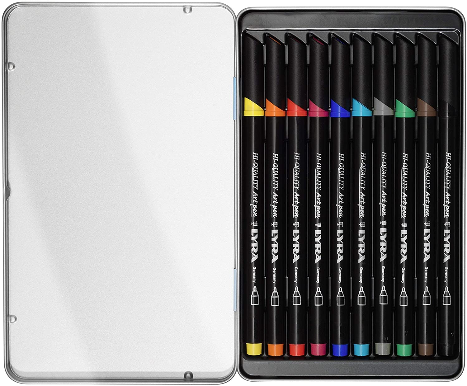 Lyra Set 10 Assorted Colours Hi-Quality Fibre Tip Art Pens in Metal ...