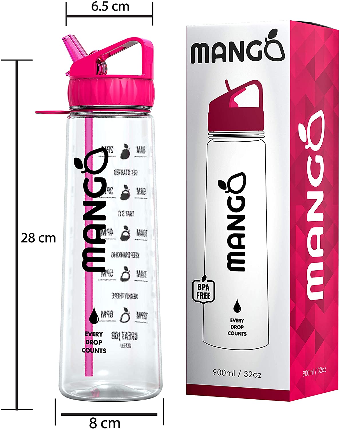Mango Water Bottle With Straw – 900ml Motivational Time Markings – BPA ...