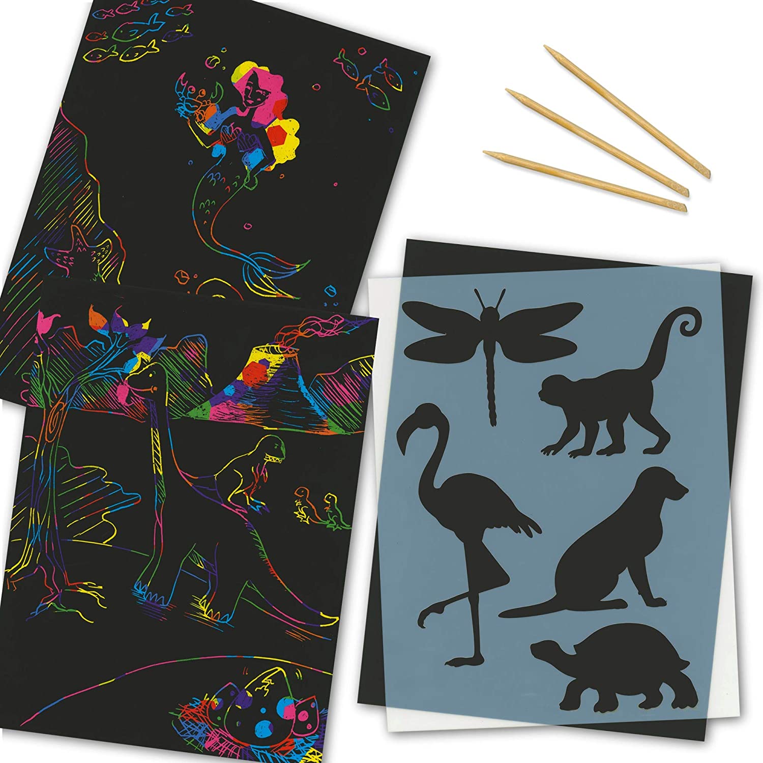 Scratch Art Paper Set For Kids! 50 Big Rainbow Sheets + 4 Stencils + 10 ...