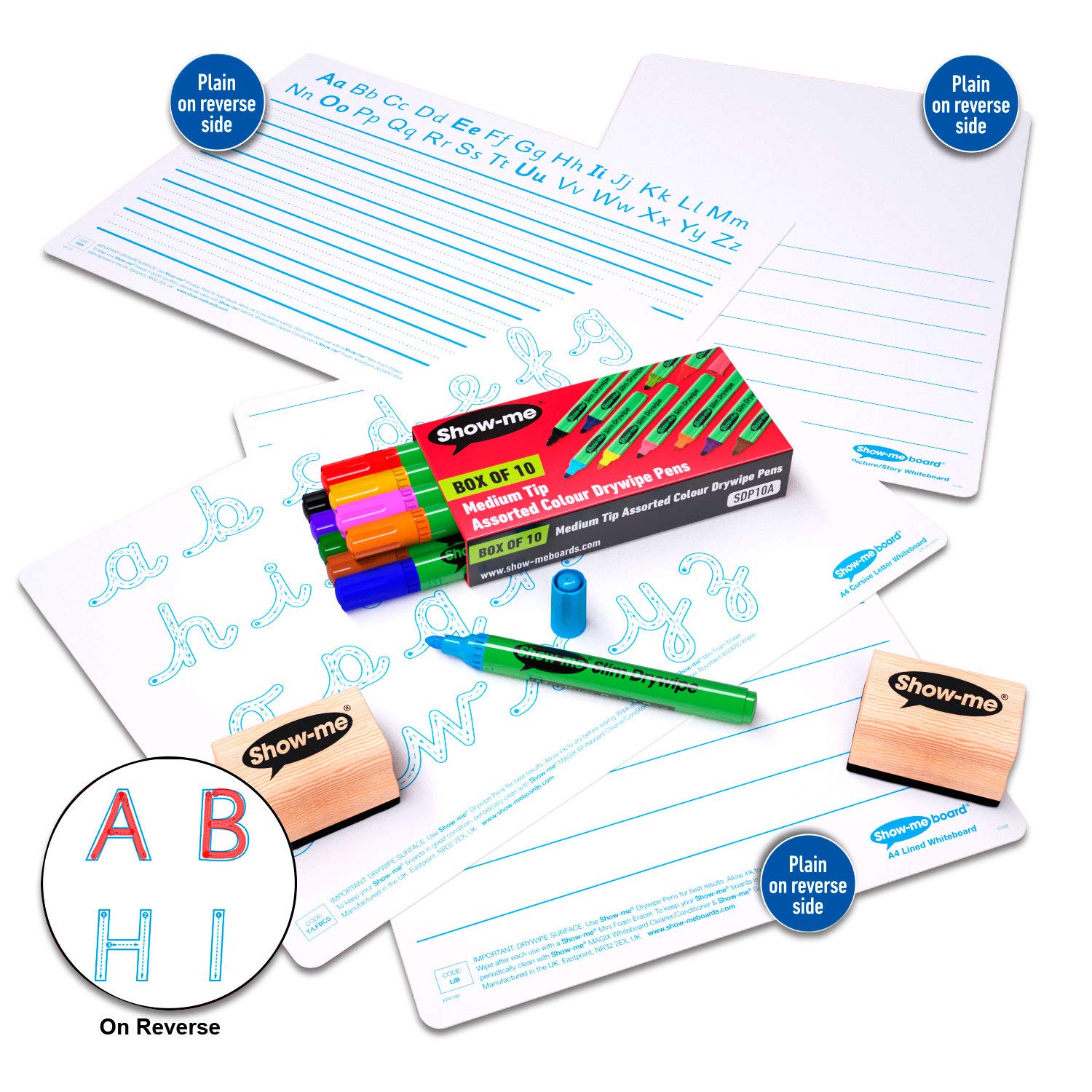 Show-me Home School ENGLISH Whiteboard Kit, 4 Whiteboards, 10 Pens, 2 ...