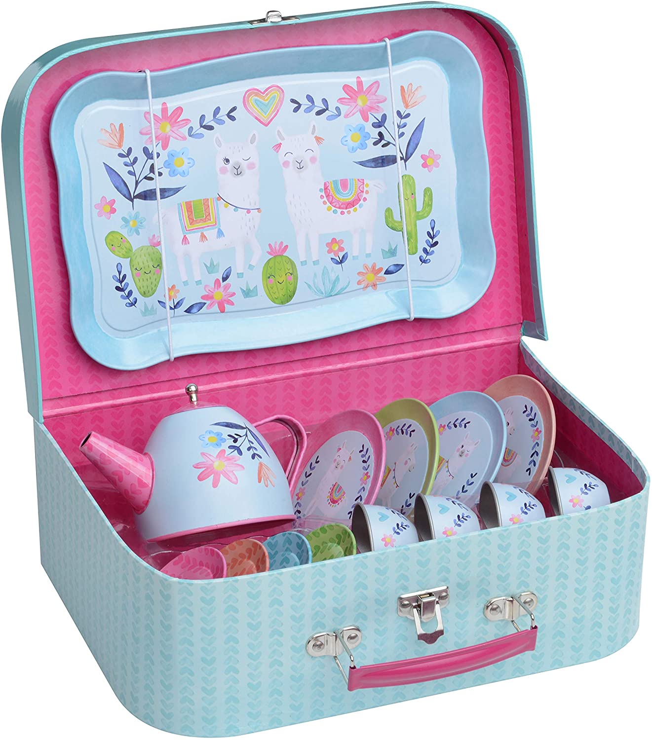 Jewelkeeper 15 Piece Kids Pretend Toy Tin Tea Set & Carry Case – Llama ...