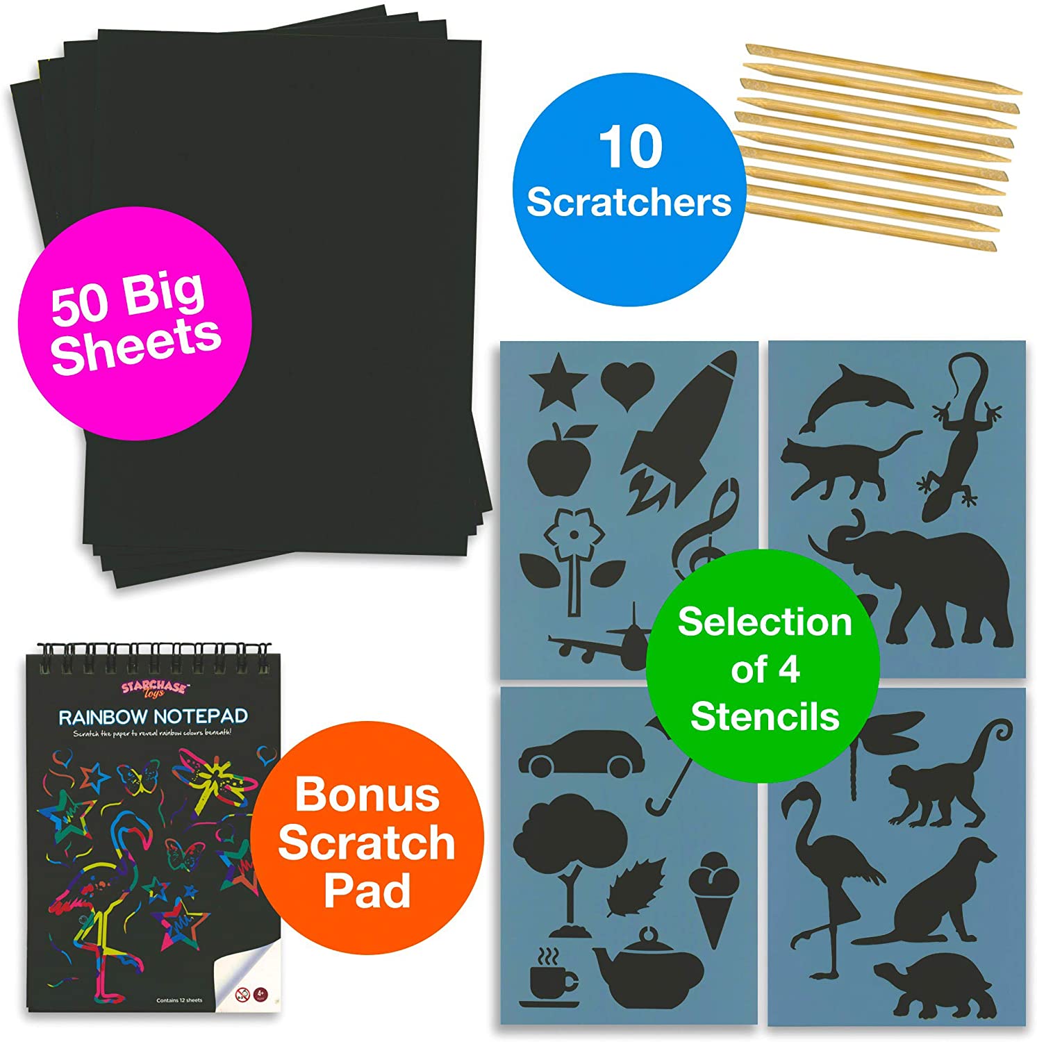 Scratch Art Paper Set For Kids! 50 Big Rainbow Sheets + 4 Stencils + 10 ...
