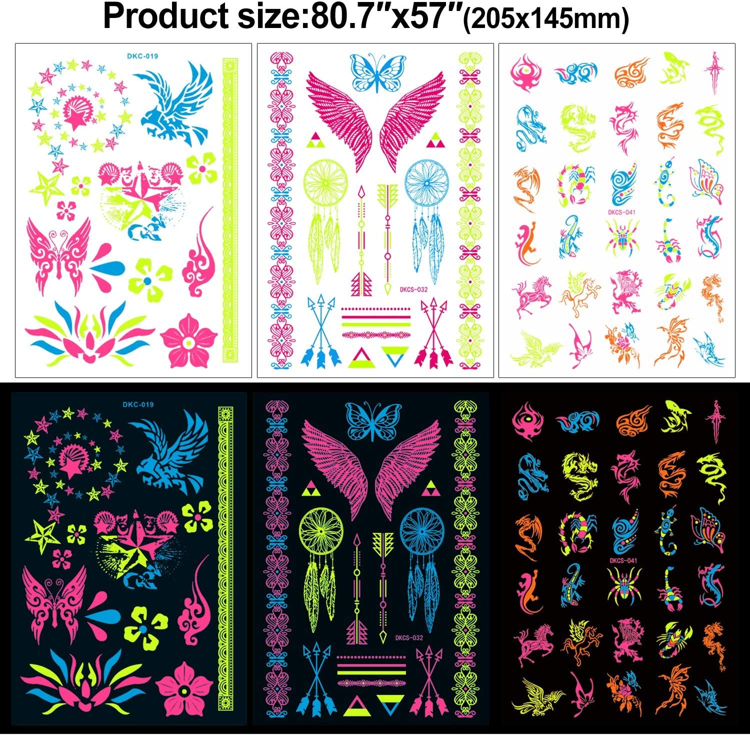 Konsait 7 Large Sheets Neon Temporary Tattoos, 100+ Shimmer Designs ...