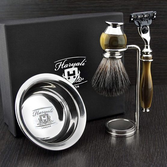 Haryali London 3 Edge Razor With Replica Horn Handle, Black Badger Hair ...