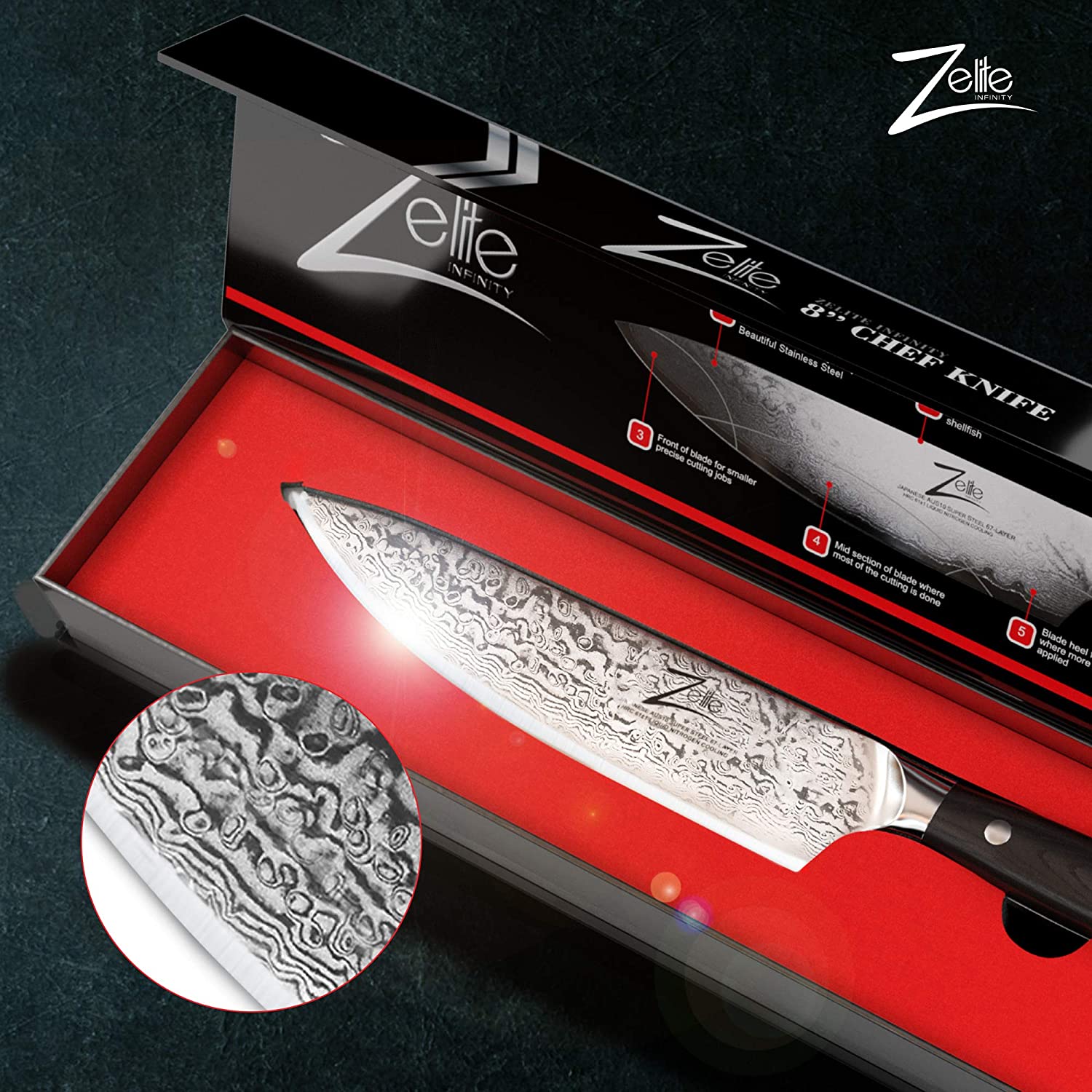 Zelite Infinity Chef Knife 8 Inch, Damascus Japanese AUS-10 Super ...