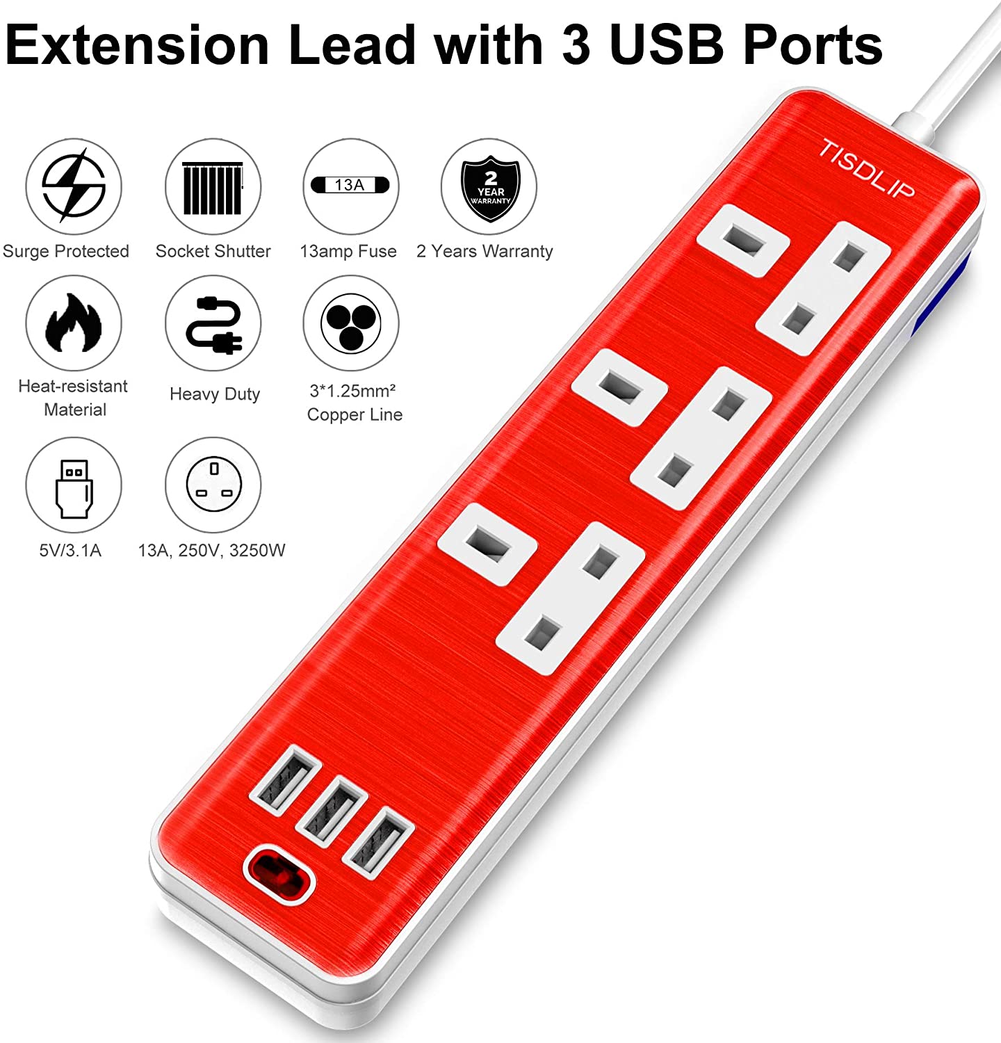 TISDLIP Extension Lead with USB Slots┃3 Way Outlets Power Strips with 3 ...