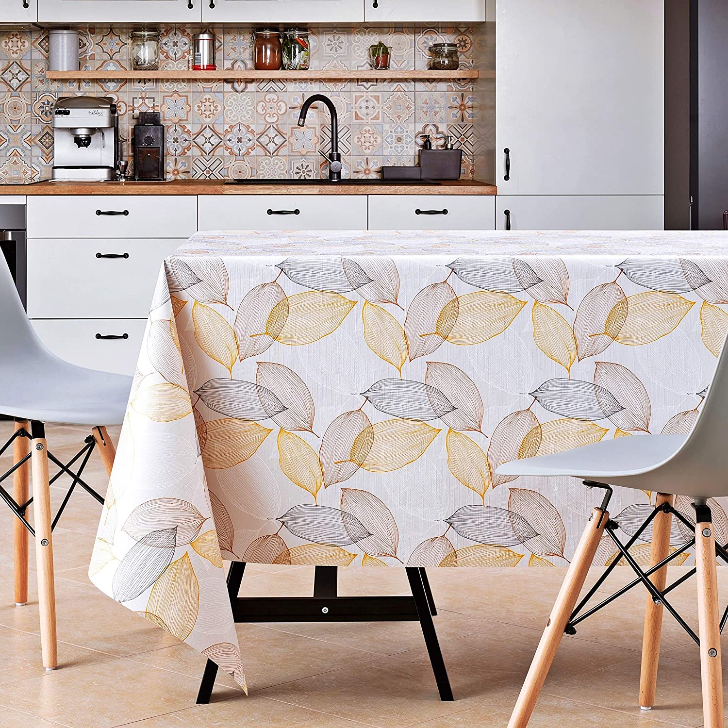 KP HOME Green Leaves Wipe Clean Tablecloth On White Grey PVC Embossed ...