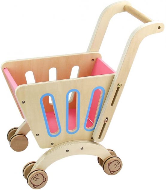 Nuheby Kids Shopping Trolleys Wooden Toys Shopping Trolley Basket ...