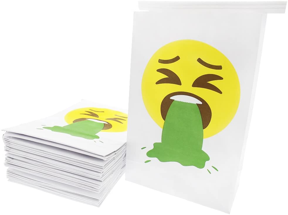 Barf Bag – 50-Count Car Vomit Bags – Vomiting Emoji White Throw Up Sick ...