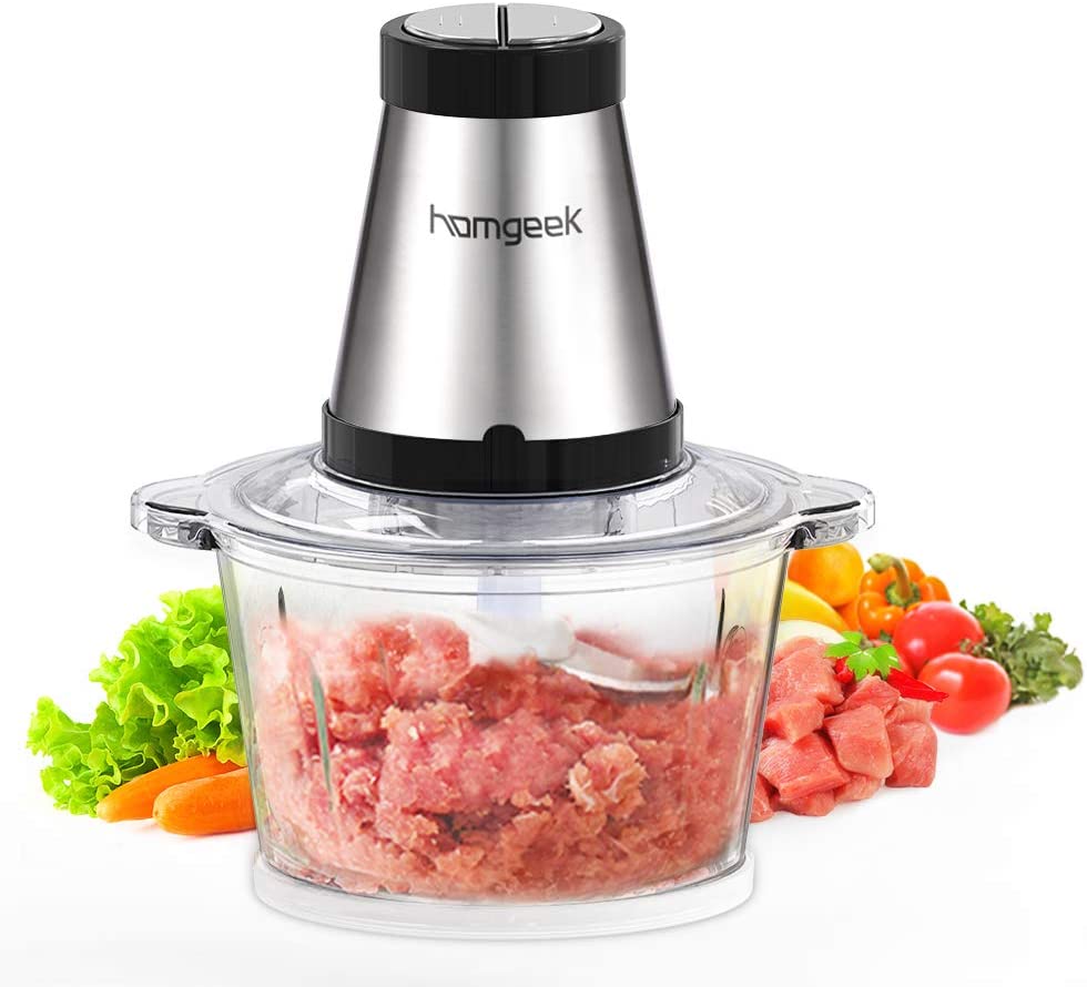 Homgeek Mini Chopper, Food Processor Meat Grinder 2L, 500W, 4 Bi-Level ...