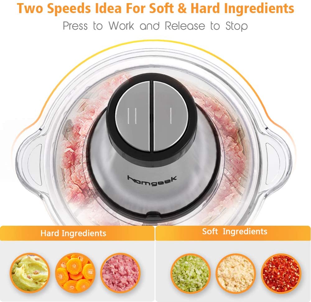 Homgeek Mini Chopper, Food Processor Meat Grinder 2L, 500W, 4 Bi-Level ...