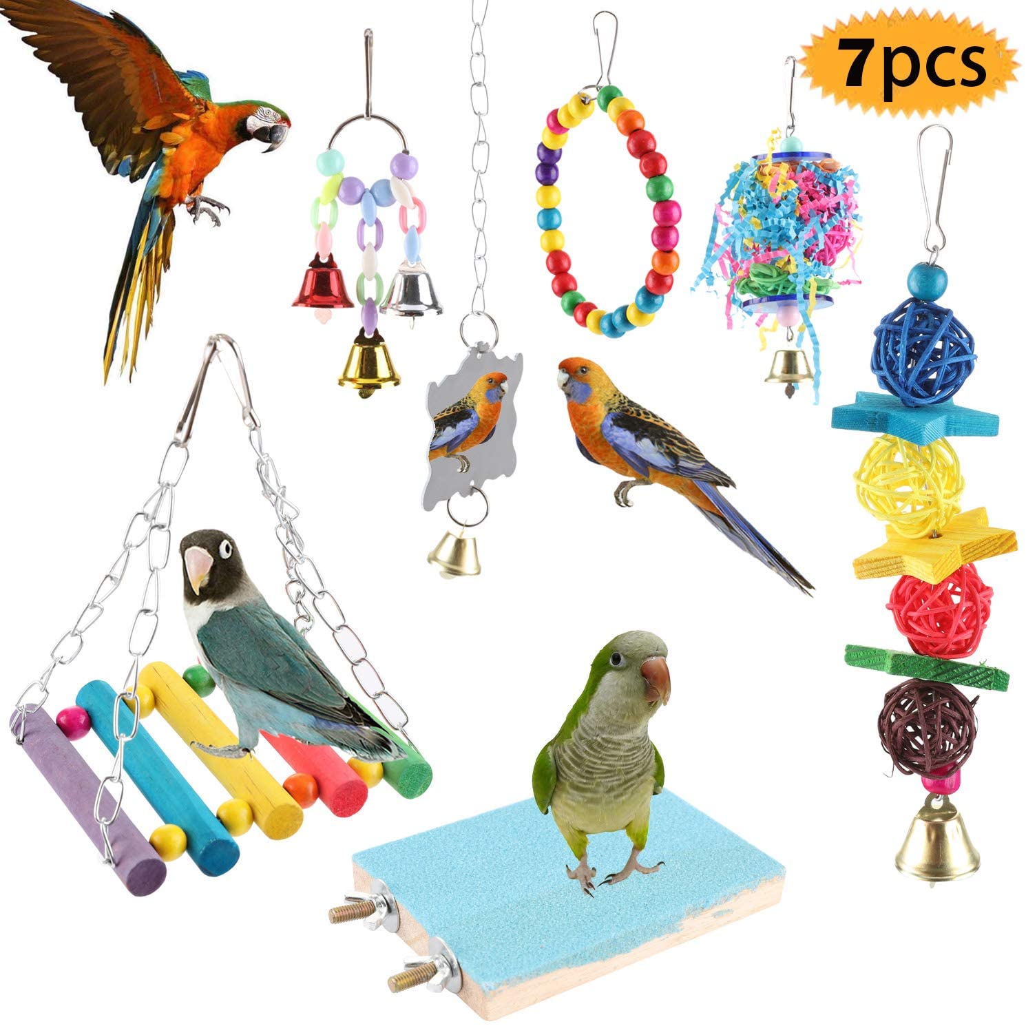 bluesees Bird Chewing Toys, 7-Pack Bird Toys Hanging Swing Shredding ...
