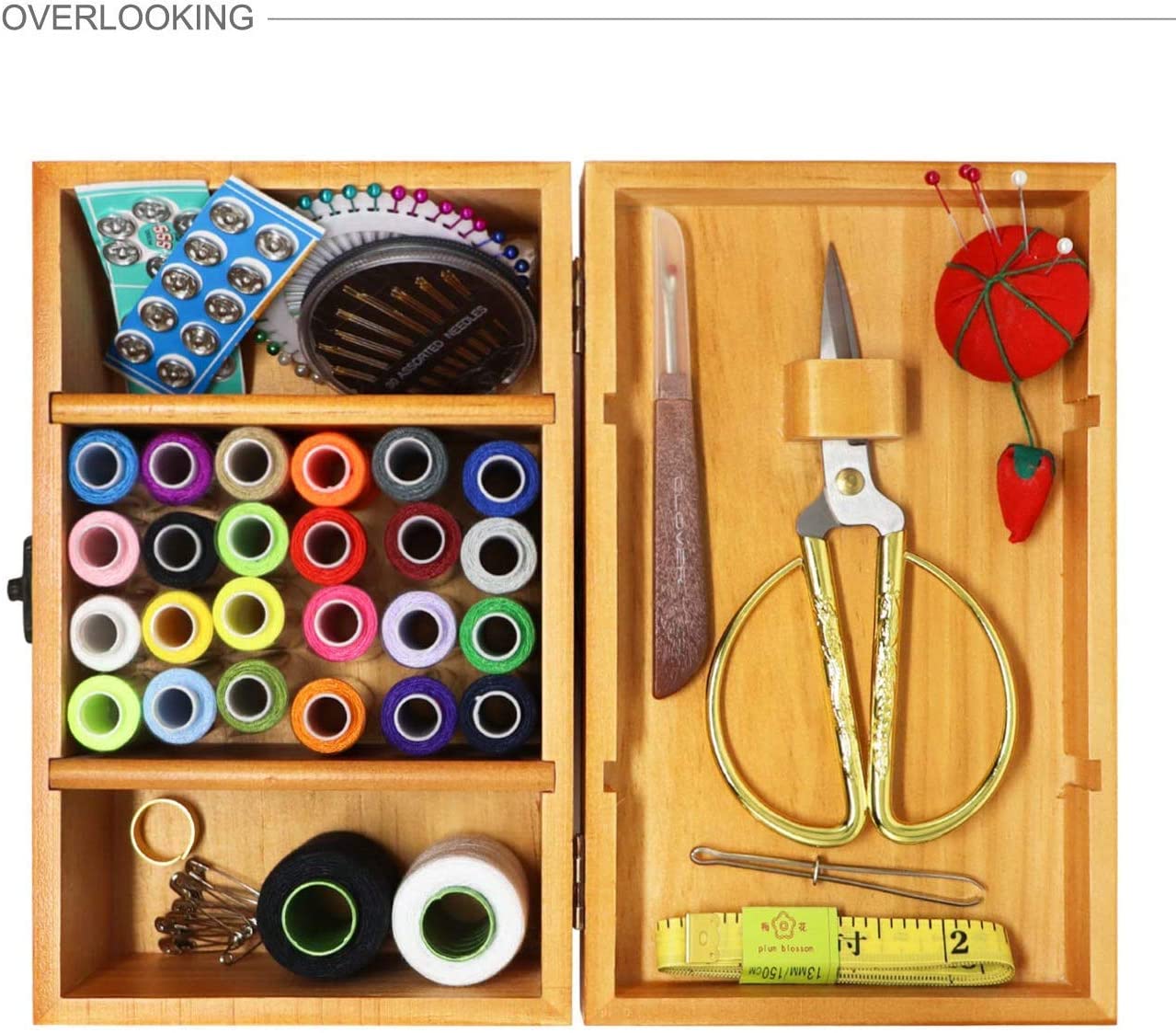 Sewing Box Sewing Basket with Kit Accessories Vintage Wooden Organize ...