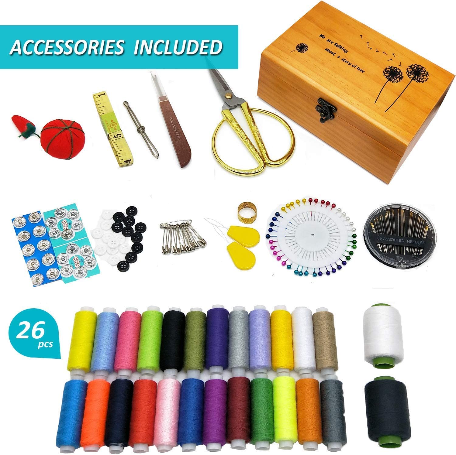 Sewing Box Sewing Basket with Kit Accessories Vintage Wooden Organize ...