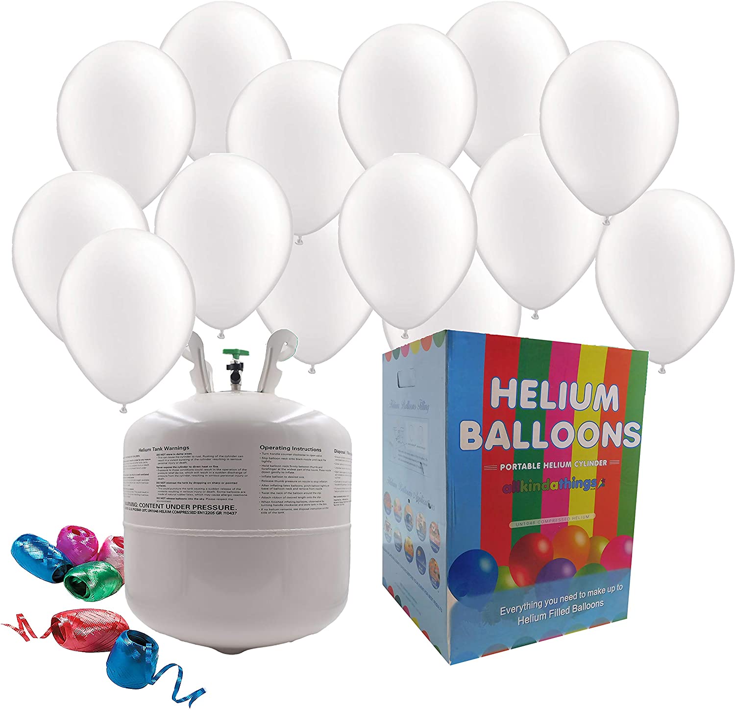 Allkindathings Disposable Helium Gas Canister with 25 White Balloons ...