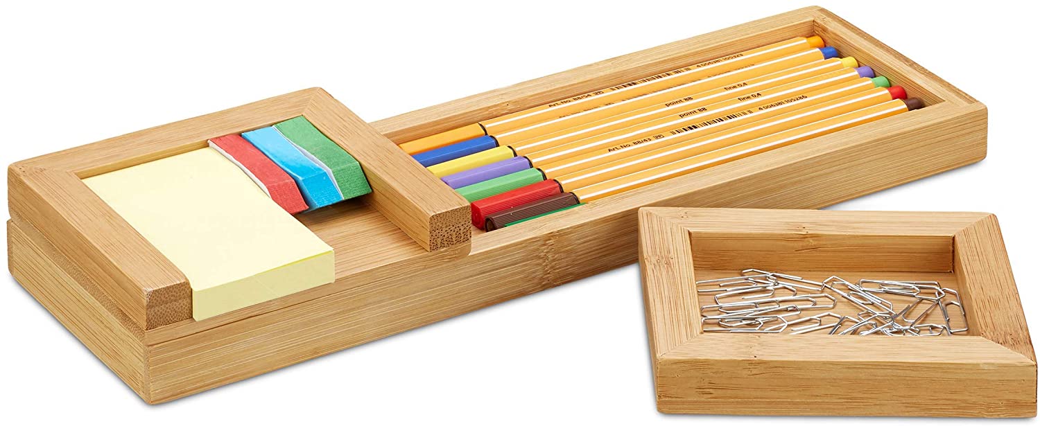 Relaxdays Bamboo Pen Holder, 3-Piece Desk Organiser, Pen & Note Holder ...