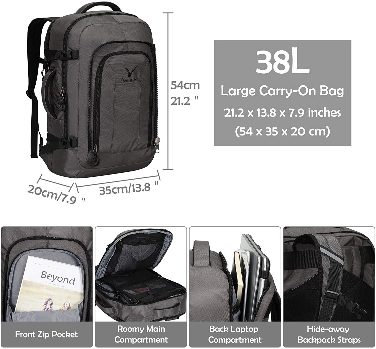 Hynes Eagle Carry-on Backpack 38L with Removable Daypack 10L Flight ...