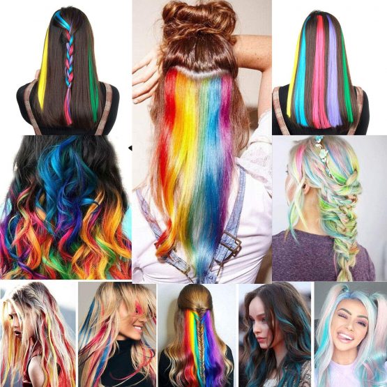 24Pcs Colorful Straight Hair Extensions Clip, Comius 21 Inch Rainbow ...