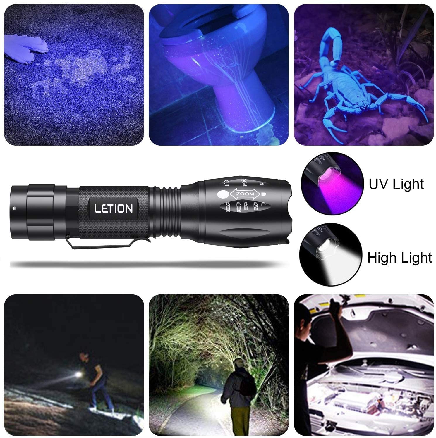 LETION UV Torch LED Torch 2 in 1 Black Light with 4 Modes IPX4 ...
