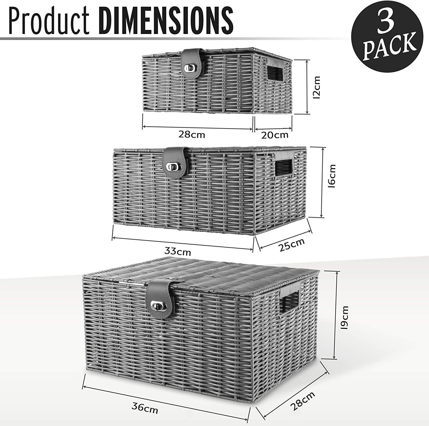 ARPAN Set of 3 Resin Woven Storage Basket Box with Lid & Lock Grey ...