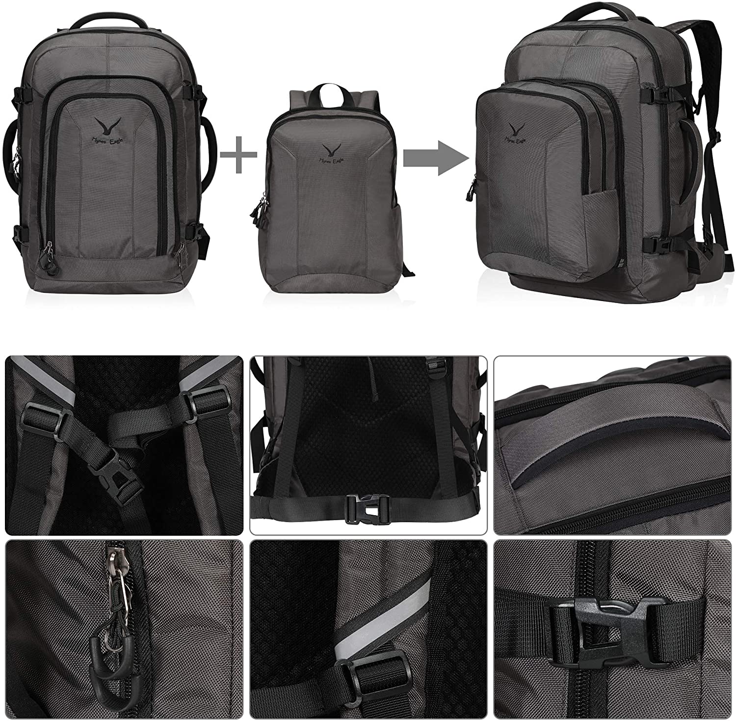 Hynes Eagle Carry-on Backpack 38L with Removable Daypack 10L Flight ...