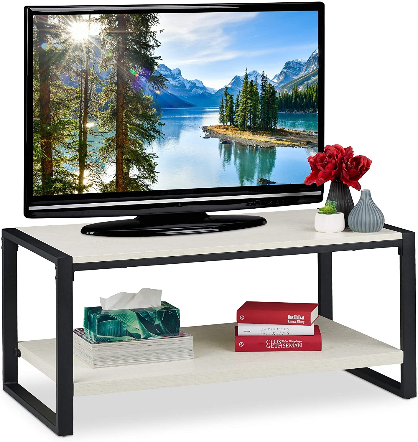 Relaxdays Coffee Table, Living Room TV Stand, Flat, 2 Tiers, Wood Grain ...