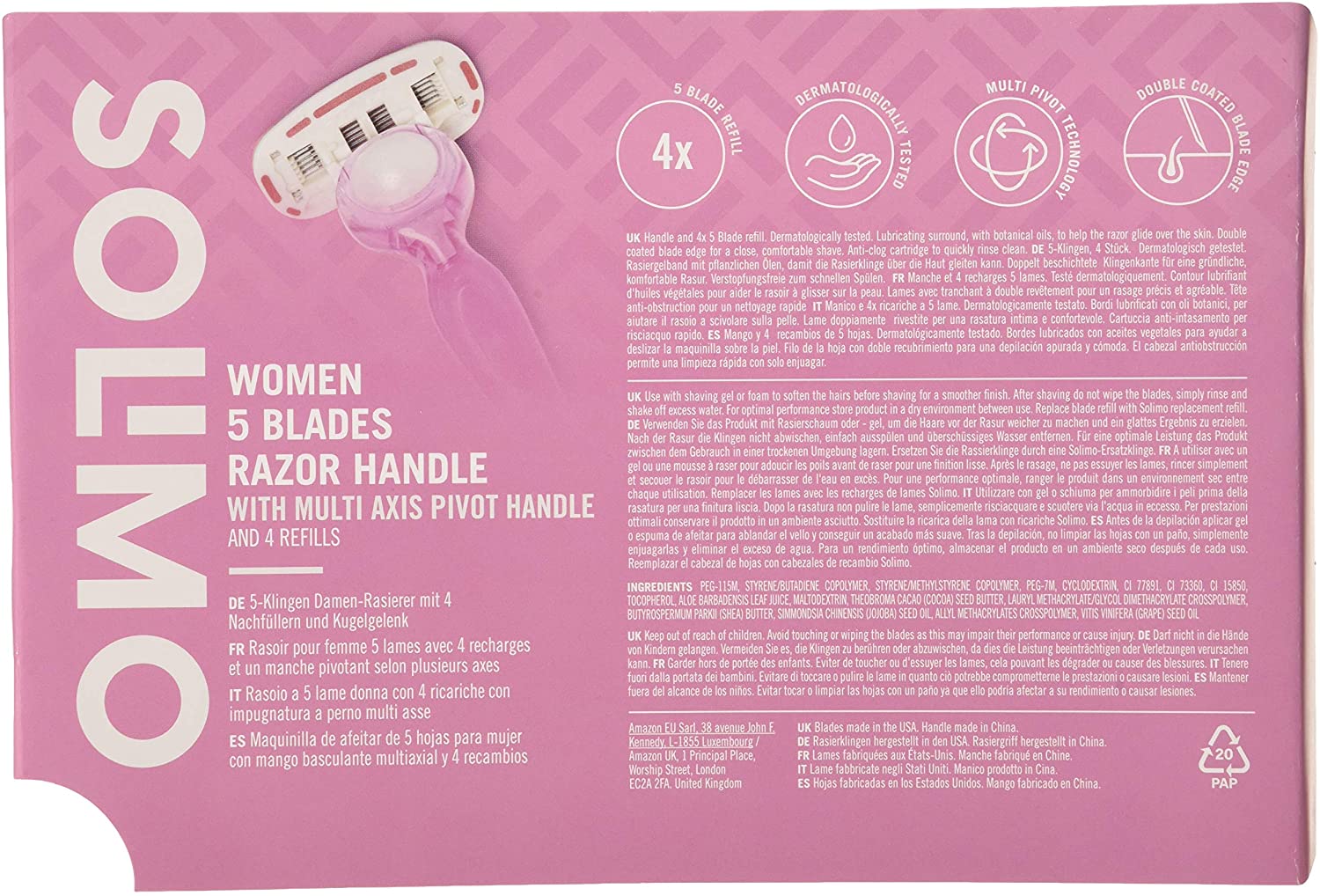 Amazon Brand – Solimo Female 5 Blade Razor with 4 refills with Multi Axis Pivot handle – BigaMart